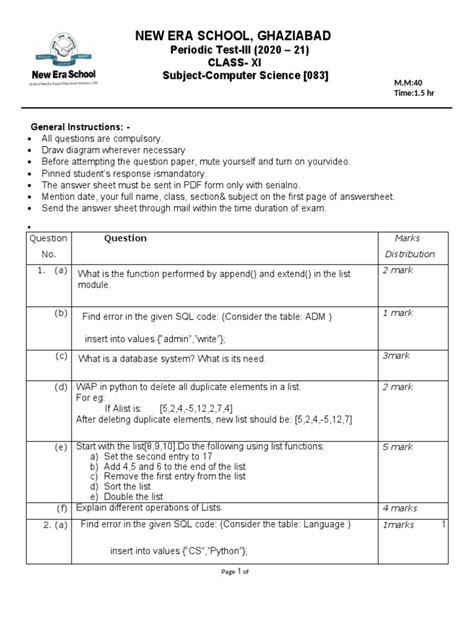 Class 11 Cs Ptiii 20 21 Set A Pdf Sql String Computer Science