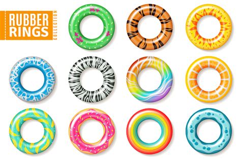 고무 링 수영 풍선 플 로트 풀 아이 부 표 장난감 다채로운 인명 구조 반지 아이 들 바닷가 여름 바다 현실적인 벡터 세트 수영장 스포츠 경기장에 대한 스톡 벡터 아트 및