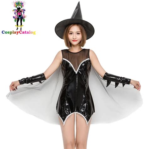 Halloween Women Faux Leather Black Witch Costume With Hat Lace Mesh Bat