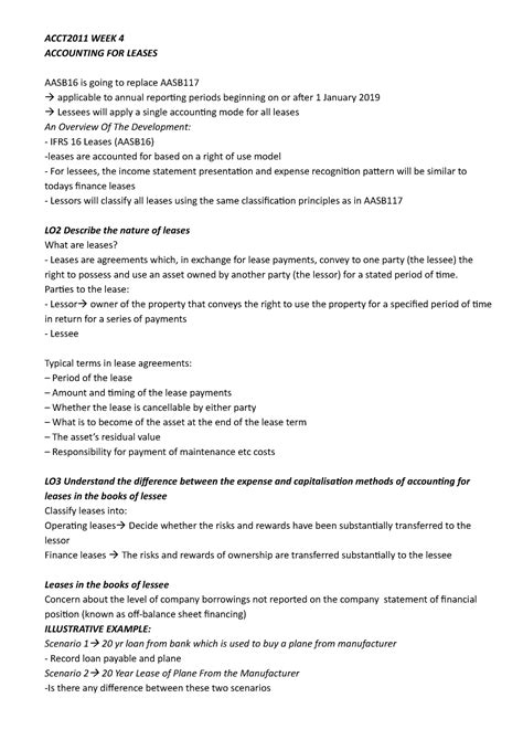 Acct2011 Week 4 Lecture Notes 1 Acct2011 Week 4 Accounting For Leases Aasb16 Is Going To