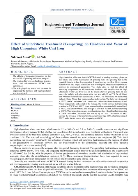 Pdf Effect Of Subcritical Treatment Tempering On Hardness And Wear Of High Chromium White