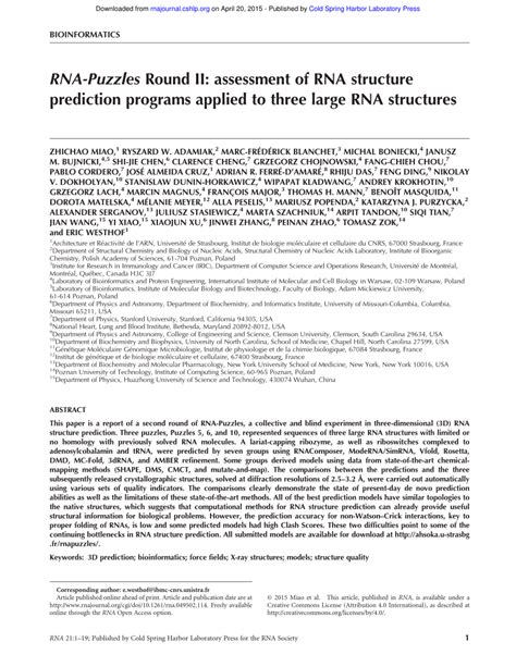 Pdf Rna Puzzles Round Ii Assessment Of Rna Structure Prediction Programs Applied To Three