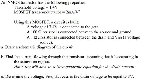 Solved An Nmos Transistor Has The Following Properties Threshold Voltage 1 4v Mosfet