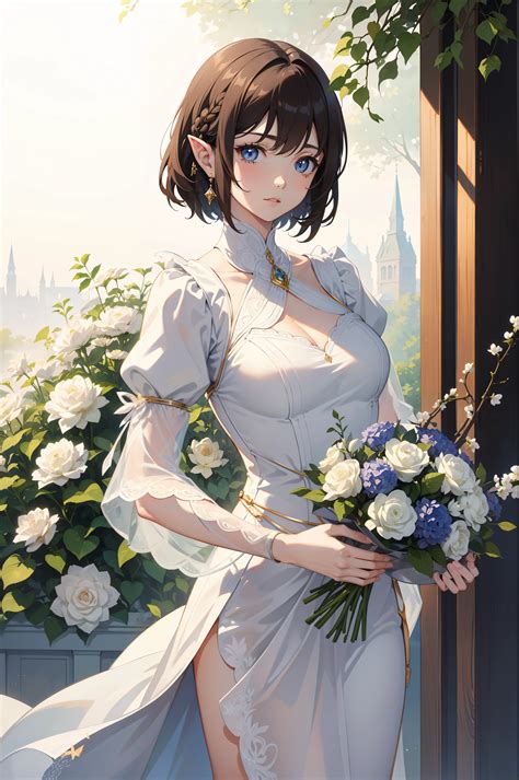 꽃다발을 들고 하얀 드레스를 입은 애니메이션 소녀 Seaart Ai
