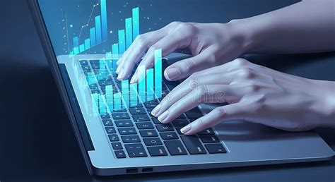 Hands Typing On A Laptop Keyboard With Virtual Blue Bar Graphs