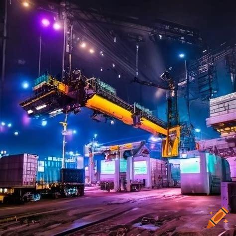 A Busy Living Decopunk Cargo Yard Portal Cranes Are Loading Small