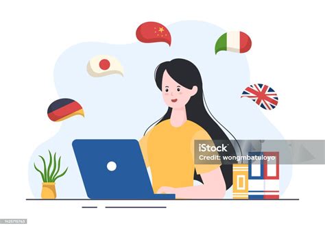 어학원 템플릿 손으로 그린 만화 플랫 일러스트 레이 션 온라인 학습 코스 교육 프로그램 및 해외 외국어 학습 공부에 대한 스톡