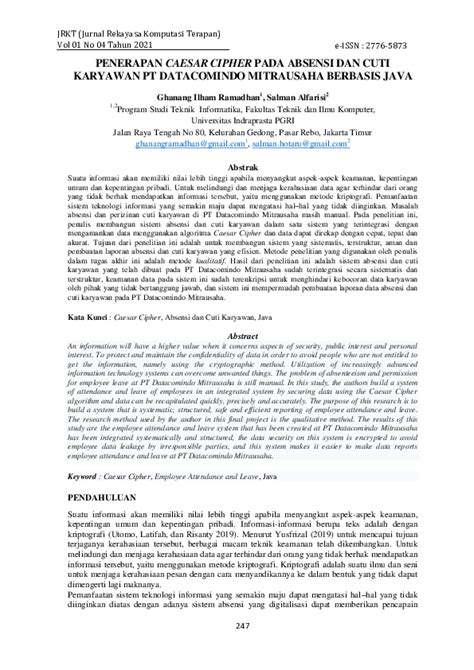 Pdf Penerapan Caesar Cipher Pada Absensi Dan Cuti Karyawan Pt Datacomindo Mitrausaha Berbasis