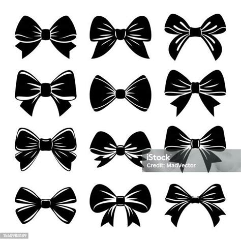 벡터 흑백 나비 넥타이 또는 선물 활 실루엣은 흰색 배경에 분리된 아이콘 세트를 잘라냅니다 활 컬렉션 활 모양 디자인 템플릿