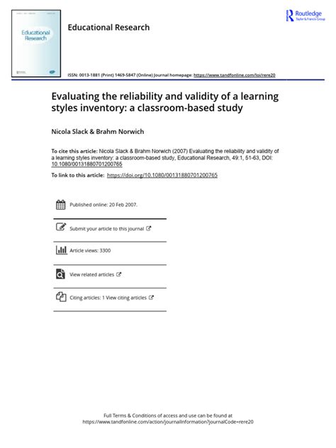 Evaluating The Reliability And Validity Of A Learning Styles Inventory