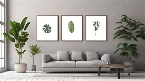 무료 빈 포스터 프레임 세련된 회색 소파 열대 식물과 커피 테이블을 갖춘 현대적인 라운지의 3d 렌더링 Ppt 배경 Slidesdocs