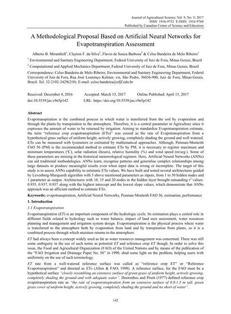 Pdf A Methodological Proposal Based On Artificial Neural Networks For Evapotranspiration