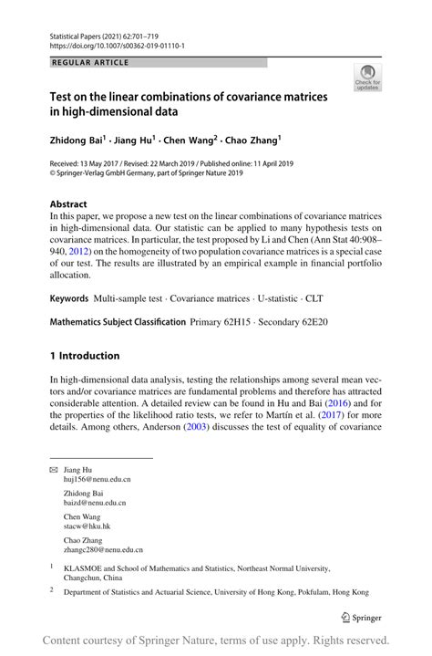 Test On The Linear Combinations Of Covariance Matrices In High Dimensional Data Request Pdf