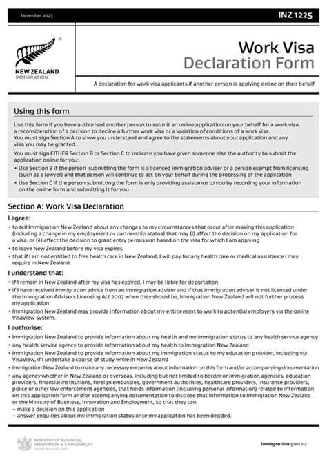 Inz1225 Work Visa Declaration Form Immigration Trust Specialises In Difficult Immigration