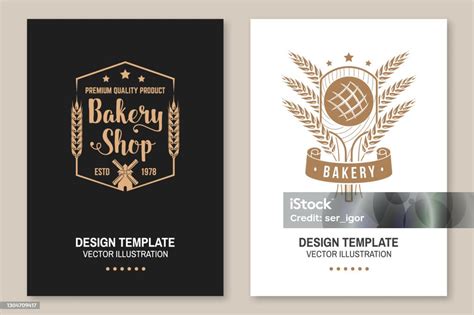 베이커리 전단지 브로셔 배너 포스터 벡터 삽에 빵 밀 실루엣의 귀와 타이포그래피 디자인 베이커리 레스토랑 Id 개체 포장 및 메뉴를 위한 템플릿 오븐에 굽기에 대한 스톡