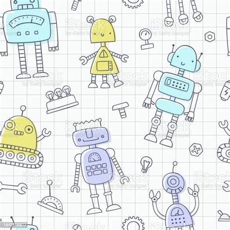 귀여운 낙서 윤곽선 로봇 패턴 아기 직물과 직물을 위한 원활한 벡터 인쇄 0명에 대한 스톡 벡터 아트 및 기타 이미지 0명 귀여운 그래픽 프린트 Istock