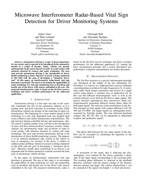 Pdf Microwave Interferometer Radar Based Vital Sign Detection For Driver Monitoring Systems