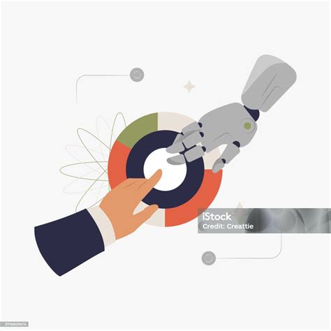 로봇 손과 인간의 손이 상호 작용하는 평면 벡터 일러스트 레이 션은 인공 지능 협업 및 혁신을 상징하며 흰색 배경에 고립되어 있습니다 3차원 형태에 대한 스톡 벡터 아트 및