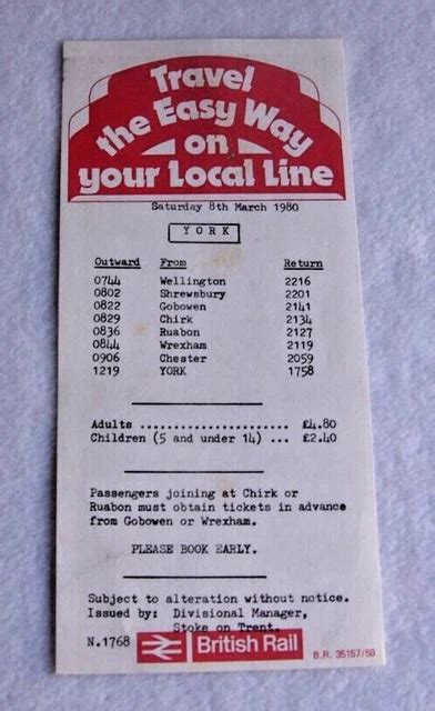 Vintage Br Flyer March 1980 Wellington To York British Rail Price