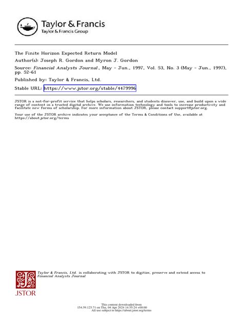 The Finite Horizon Expected Return Model Gordon And Gordon 1997 Pdf Capital Asset Pricing