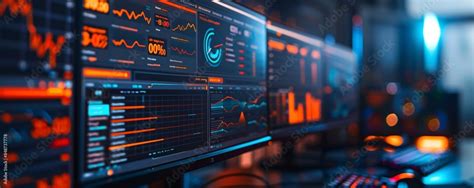 Computer Monitor Displaying An Abstract Network Monitoring Dashboard With Real Time Data
