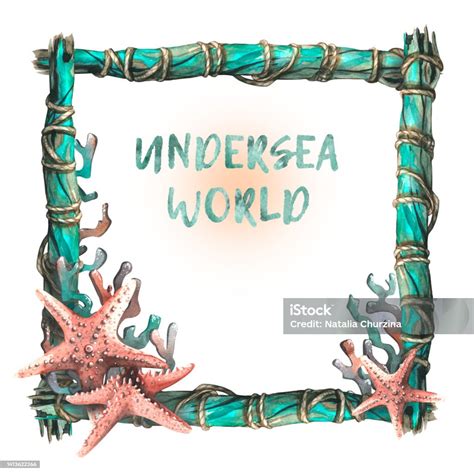 황마 밧줄이있는 막대기로 만든 사각형 프레임 산호와 불가사리가있는 로프 수채화 그림 고래의 큰 세트에서 배너 해양 및 해변 액세서리의 장식 및 디자인 개인 장식품에 대한