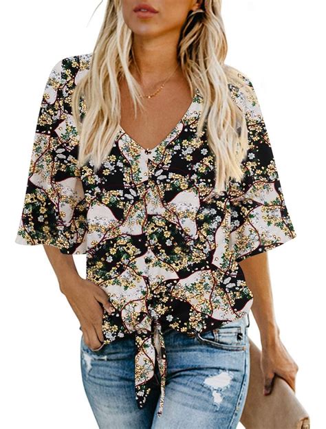 Anygrew Womens Tops 2025 Summer Blouses V Neck Batwing Sleeve Tops Tie
