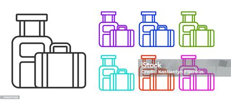 흰색 배경에 격리 된 여행 아이콘에 대한 검은 줄 가방 여행 수하물 표지판 여행 수하물 아이콘 다채로운 아이콘을 설정합니다 벡터 가방에 대한 스톡 벡터 아트 및 기타 이미지