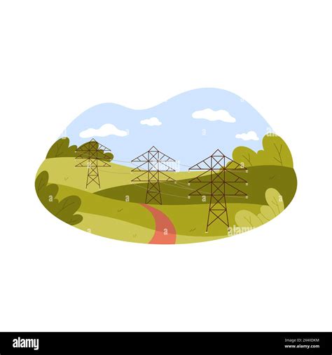 Summer Rural Green Landscape With Power Line Infrastructure Aerial View Vector Illustration