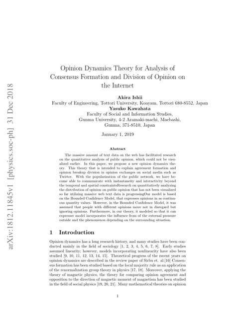 Pdf Opinion Dynamics Theory For Analysis Of Consensus Formation And Division Of Opinion On The