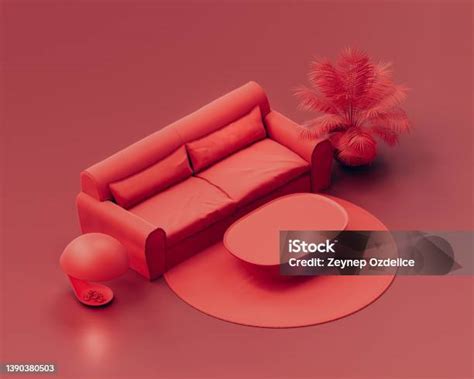 소파와 사이드 테이블이있는 아이소메트릭 단색 단일 빨간색 색상 인테리어 거실 빨간 방 3d 렌더링 0명에 대한 스톡 사진 및 기타 이미지 Istock