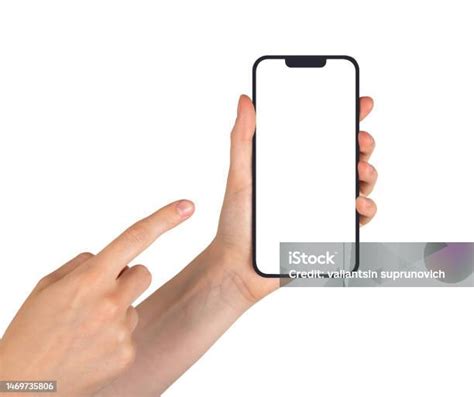 우치 폴란드 2월 07 2023 스마트폰 모형 휴대폰 프레임 화면을 가리키는 손가락 빈 빈 디스플레이 템플릿을 들고 있는 손 근접 촬영 가리키기에 대한 스톡 사진 및 기타