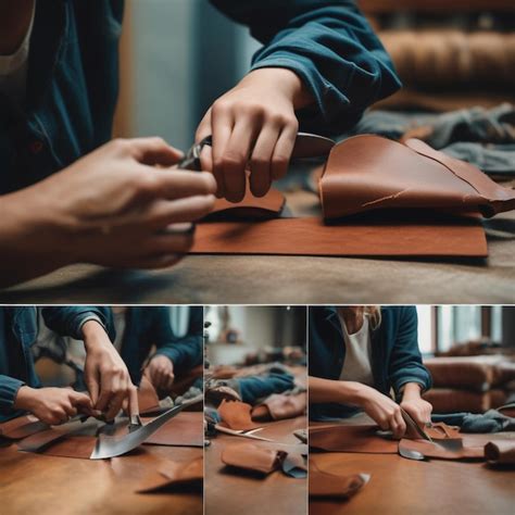 Collage Of A Person Cutting A Piece Of Leather With A Pair Of Premium