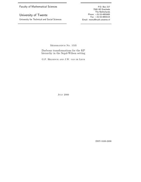 Pdf Darboux Transformations For The Kp Hierarchy In The Segal Wilson Setting
