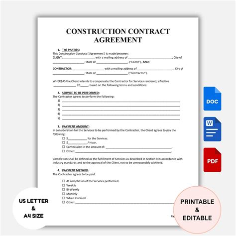 Editable Construction Contract Template Printable Agreement Form Pdf