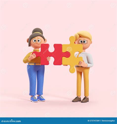 3d Rendering Two Cartoon Man And Woman With Puzzle Pieces On Pink Background Stock Illustration