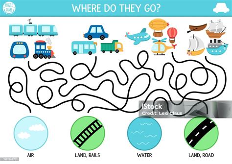 다양한 종류의 교통 수단을 갖춘 아이들을 위한 교통 미로 가는 곳 항공 육상 수상 운송 유치원 인쇄 가능한 활동 기차 자동차 비행기 배가 있는 미로 게임 또는 퍼즐 여가활동