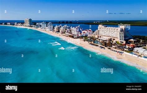 Aerial Of The Hotel Zone With The Turquoise Waters Of Cancun Quintana