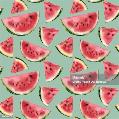 수채화 수 박 Semless 패턴입니다 손으로 그린된 수 박 조각 파스텔 파란색 배경에 고립 달콤한 디저트입니다 디자인 인쇄 또는 직물에 대 한 음식 그림입니다 0명에 대한