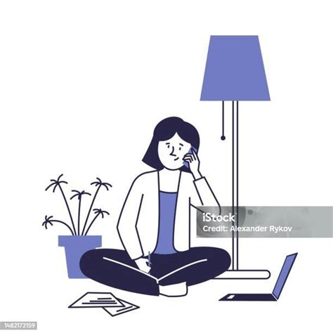 노트북을 가진 소녀가 전화로 이야기하고 있습니다 집에서 작업의 벡터 장면입니다 경영자에 대한 스톡 벡터 아트 및 기타 이미지 경영자 고객 교육 Istock