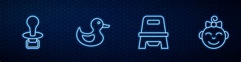 세트 라인 아기 변기 더미 젖꼭지 고무 오리와 어린 소녀 머리 벽돌 벽에 빛나는 네온 아이콘 벡터 고무에 대한 스톡 벡터 아트 및 기타 이미지 Istock