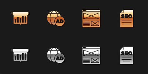 Set Board With Graph Chart Advertising Browser Window And Seo Optimization Icon Vector Stock