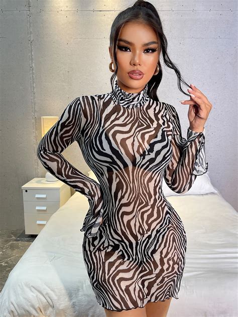Shein Zebra Striped See Through Split Hem Mesh Bodycon Dress Without Lingerie