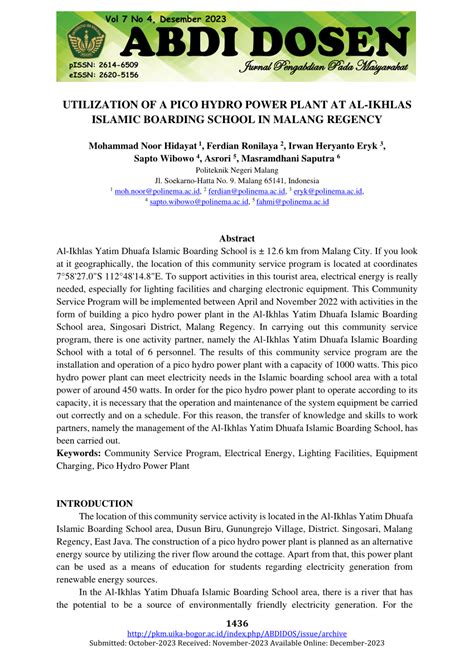 Pdf Utilization Of A Pico Hydro Power Plant At Al Ikhlas Islamic Boarding School In Malang Regency