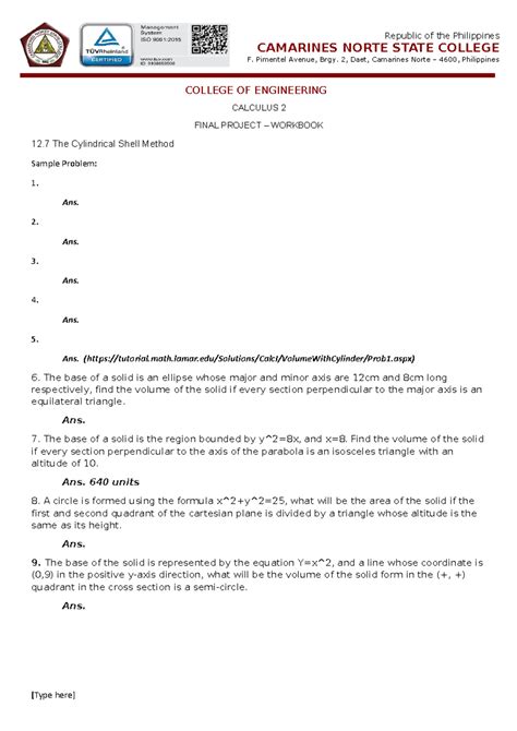 Workbook 10 Questions Calculus 2 Final Project Workbook 12 The