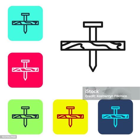 흰색 배경에 고립 된 검은 라인 금속 손톱과 나무 판자 아이콘 색상 정사각형 단추로 아이콘을 설정합니다 벡터 강철에 대한 스톡 벡터 아트 및 기타 이미지 Istock