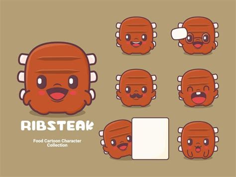 갈비 스테이크 만화 캐릭터 음식 벡터 일러스트 레이션 프리미엄 벡터