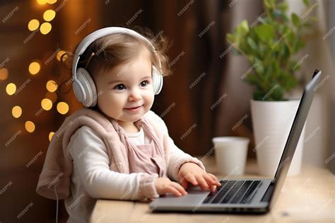 Premium Ai Image Infant Girl Using Laptop Remote Working At Home Office Looking At Computer