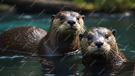 Premium Photo Closeup Shot Of A Pair Of River Otters Swimming In The