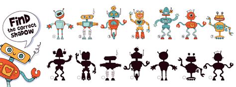 올바른 그림자를 찾으십시오 유사한 항목 재미있는 만화 캐릭터 로봇 올바른 실루엣 선택 과학에 대한 스톡 벡터 아트 및 기타